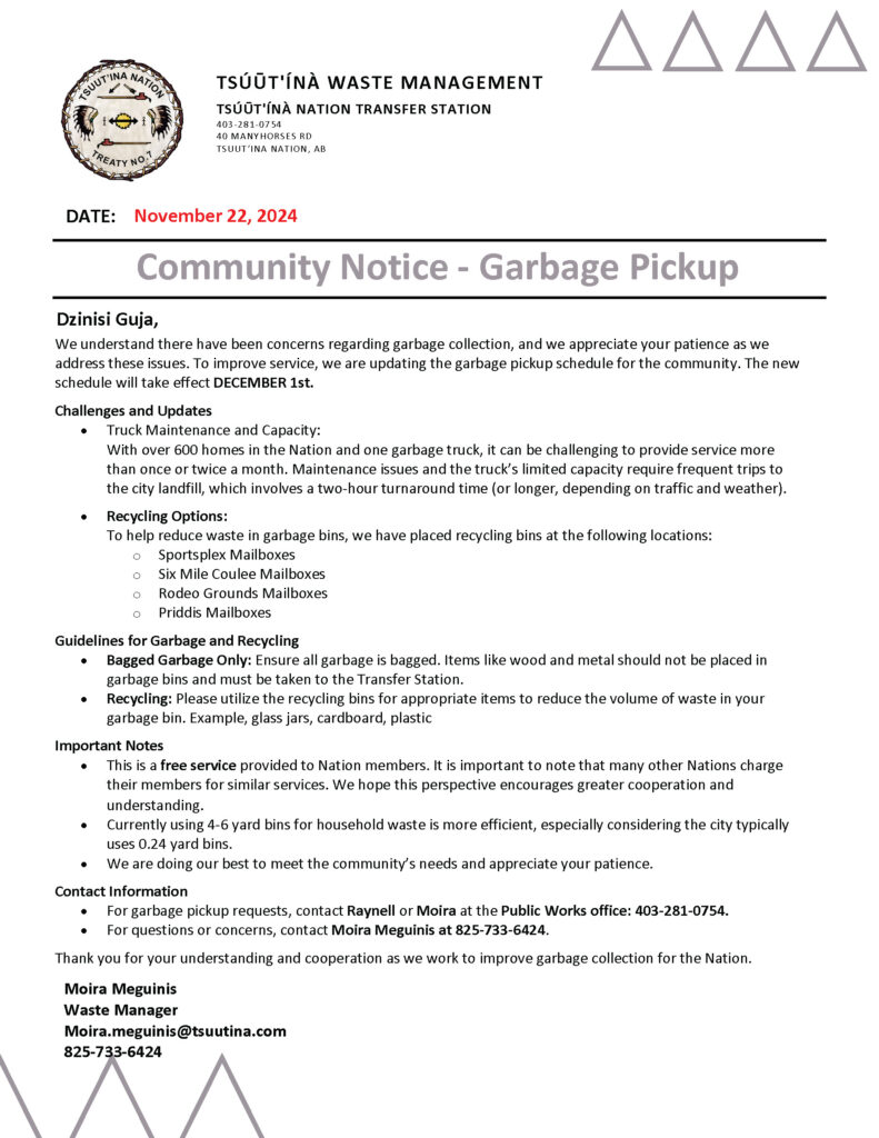 NOTICE - Community Garbage Pick-up | Tsuut’ina