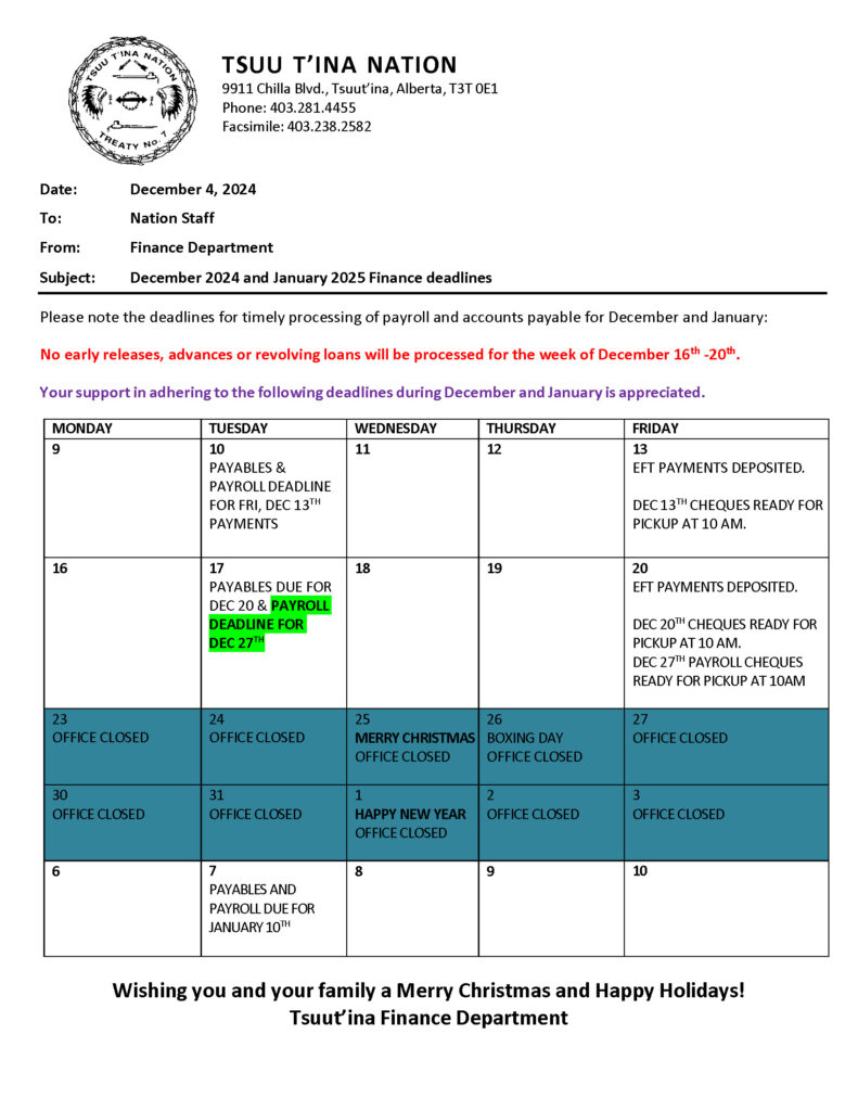 MEMO - Finance Holiday Deadlines | Tsuut’ina