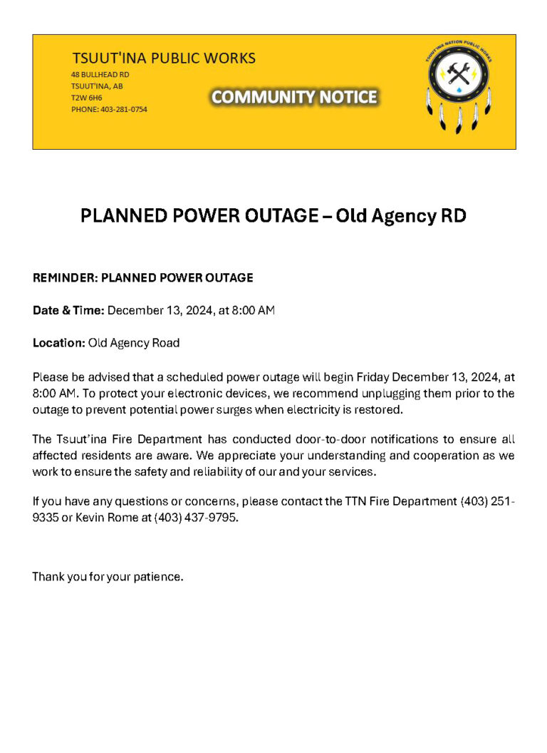 NOTICE - Planned Power Outage | Tsuut’ina