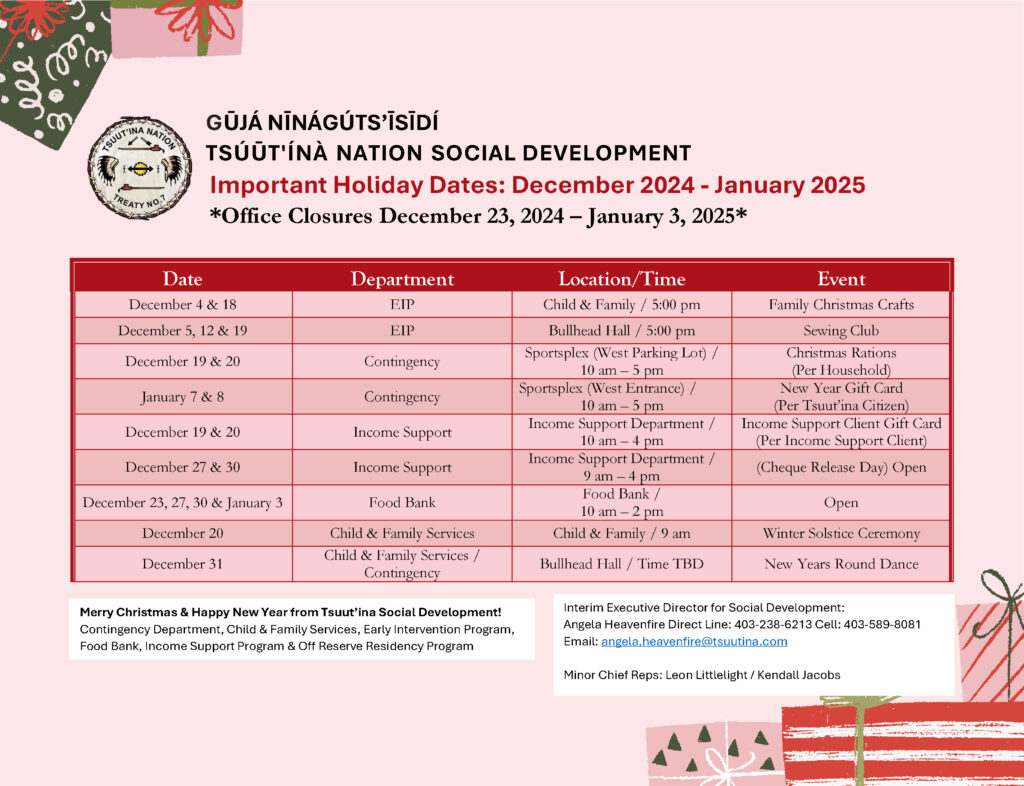 Tsuut’ina Nation Social Development Holiday Schedule | Tsuut’ina