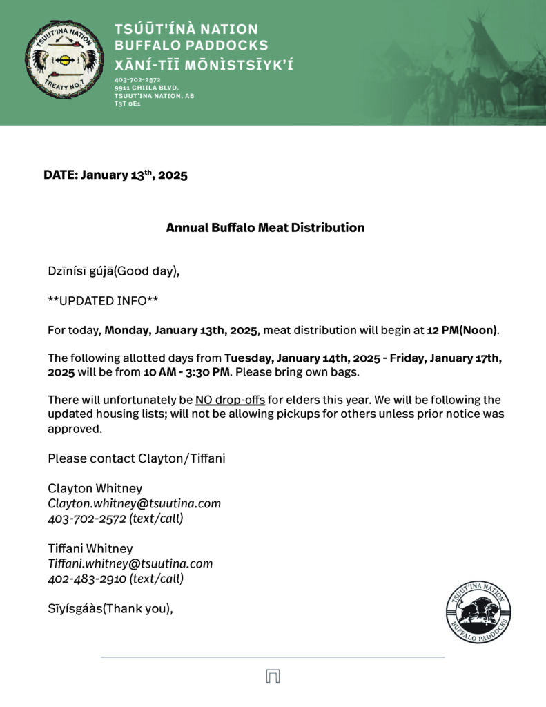 NOTICE - Buffalo Meat Distribution *Updated* | Tsuut’ina