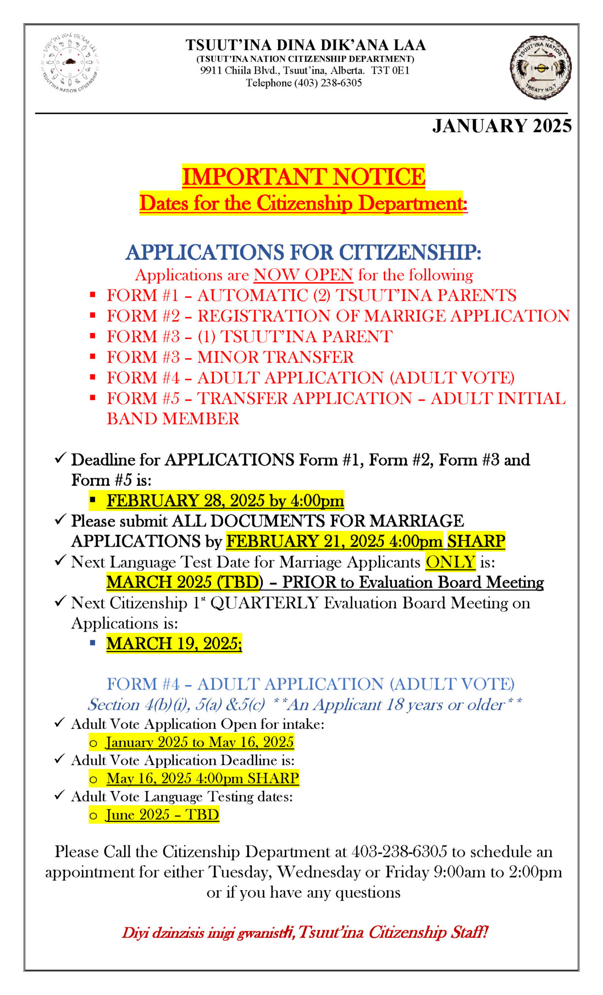 NOTICE - Important Dates for Citizenship Department | Tsuut’ina