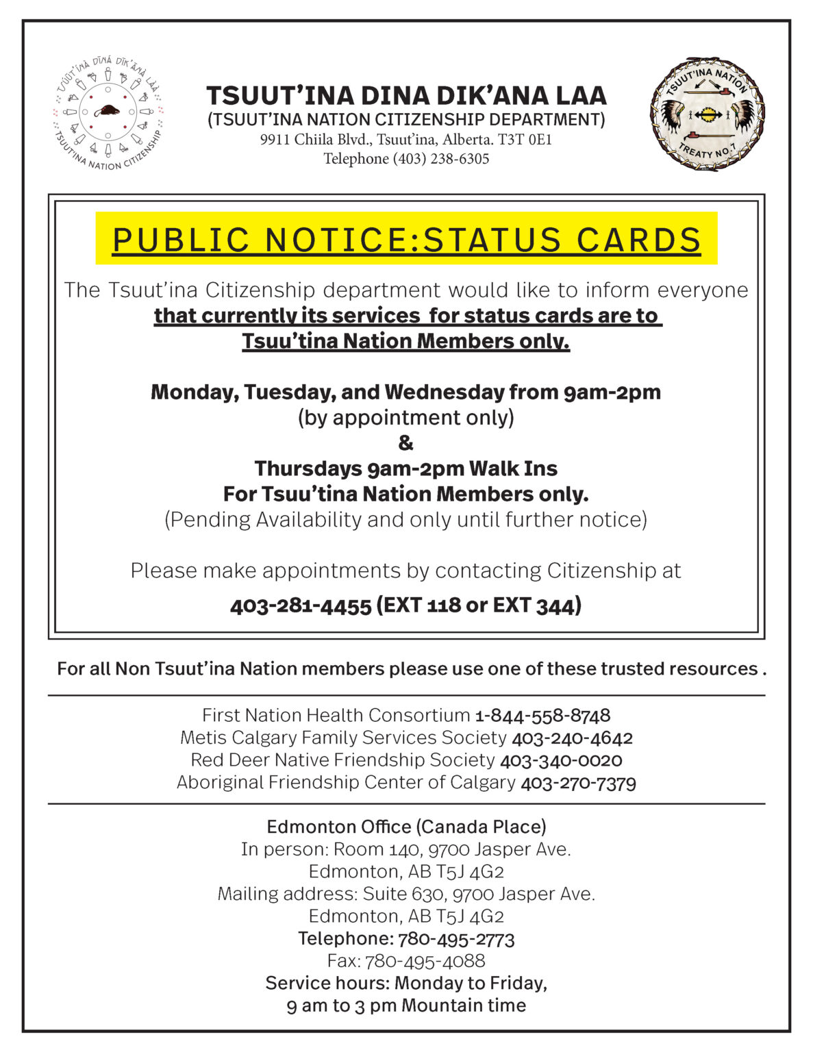 NOTICE - Status Cards | Tsuut’ina