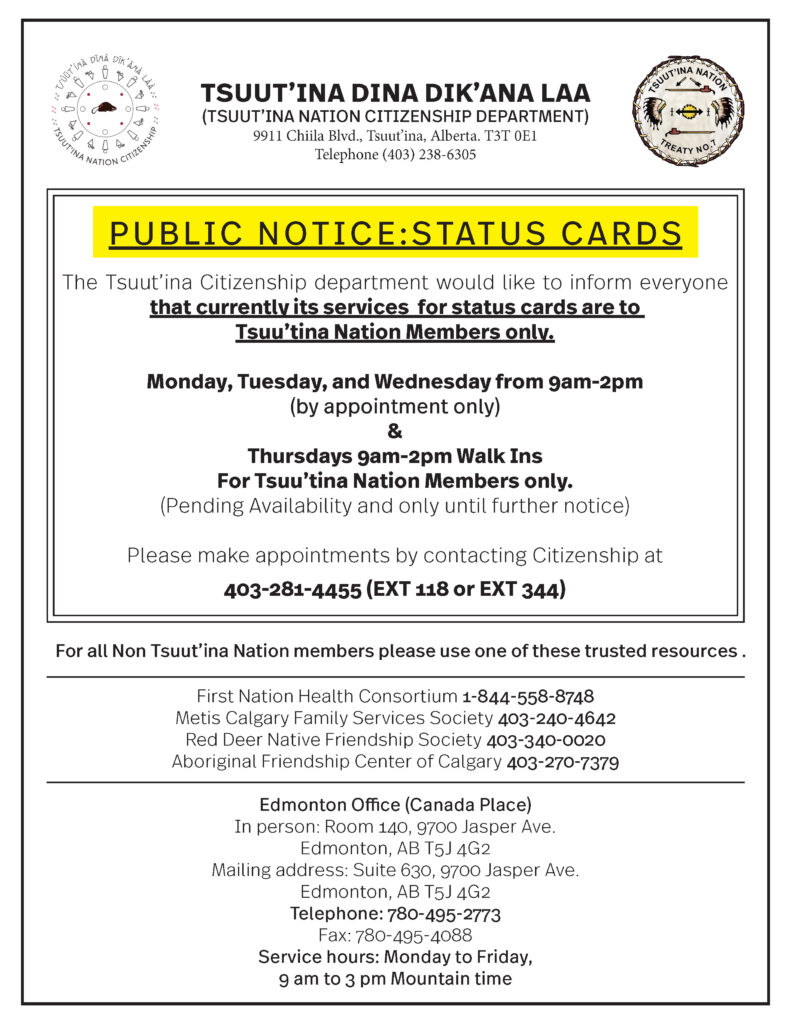 NOTICE - Status Cards | Tsuut'ina