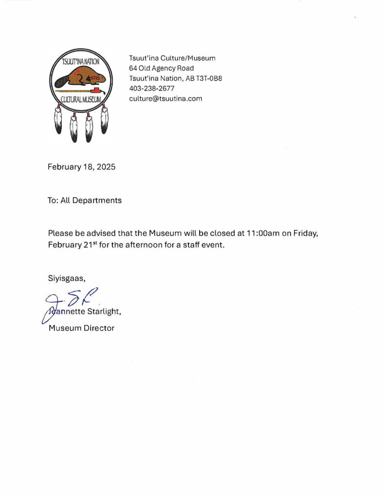 MEMO - Early Closure | Tsuut'ina