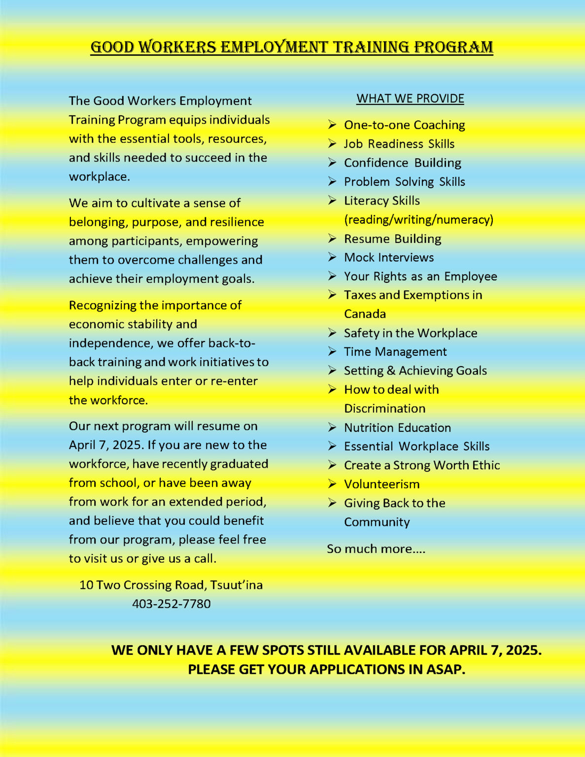 Good Workers Employment Training Program | Tsuut'ina