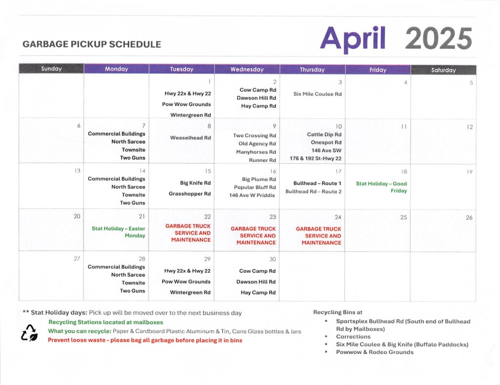 Garbage Run Schedule - April 2025 | Tsuut’ina