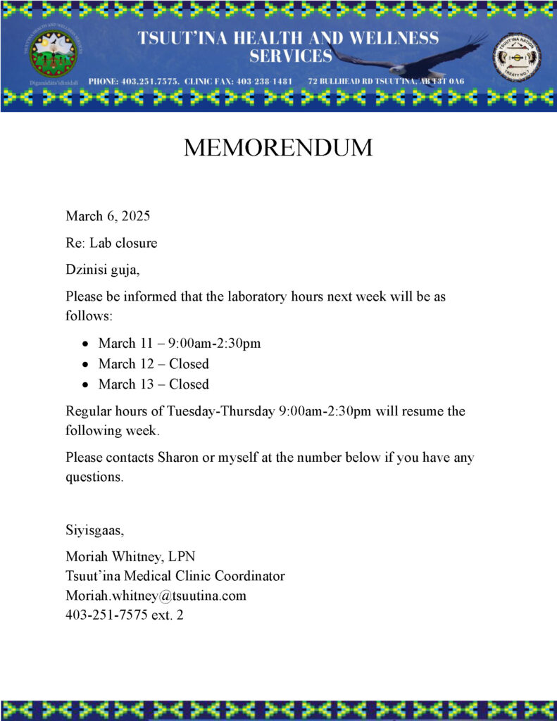 MEMO - Lab Closure | Tsuut’ina