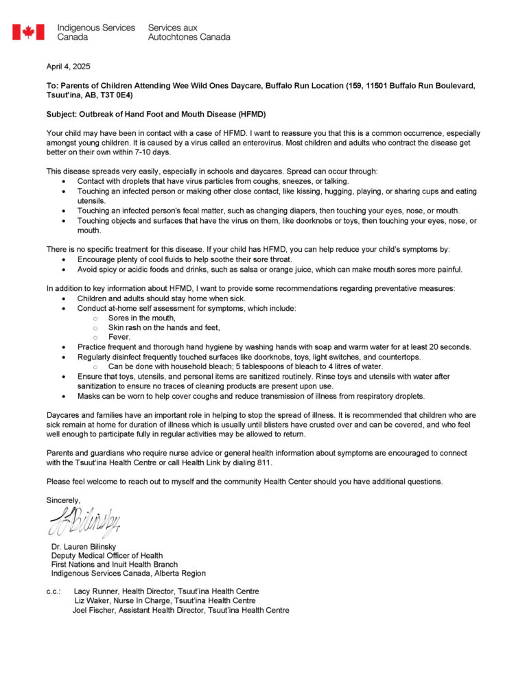Notice - Outbreak of Hand, Foot and Mouth Disease (HFMD) | Tsuut’ina