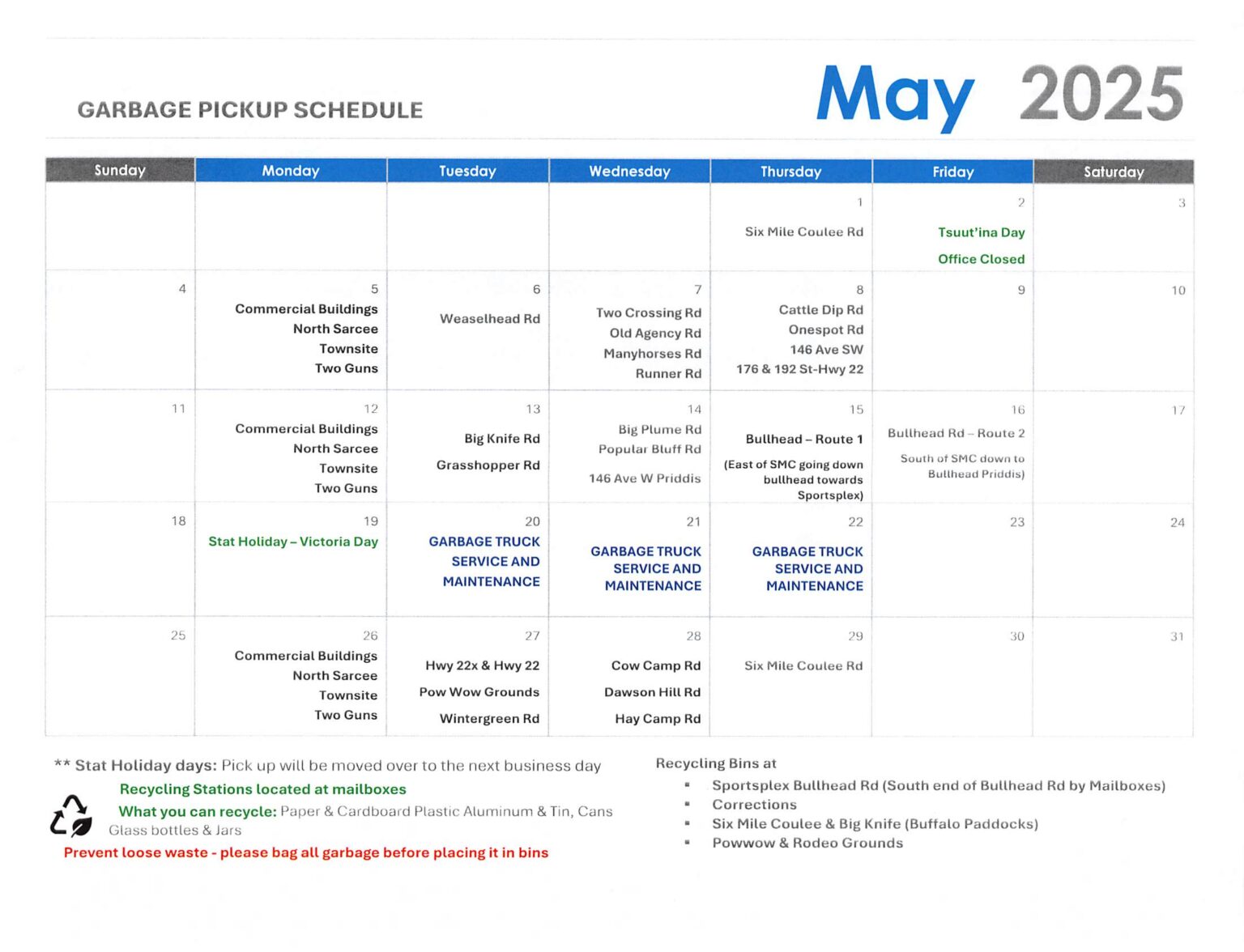 Garbage Run Schedule - May 2025 | Tsuut'ina