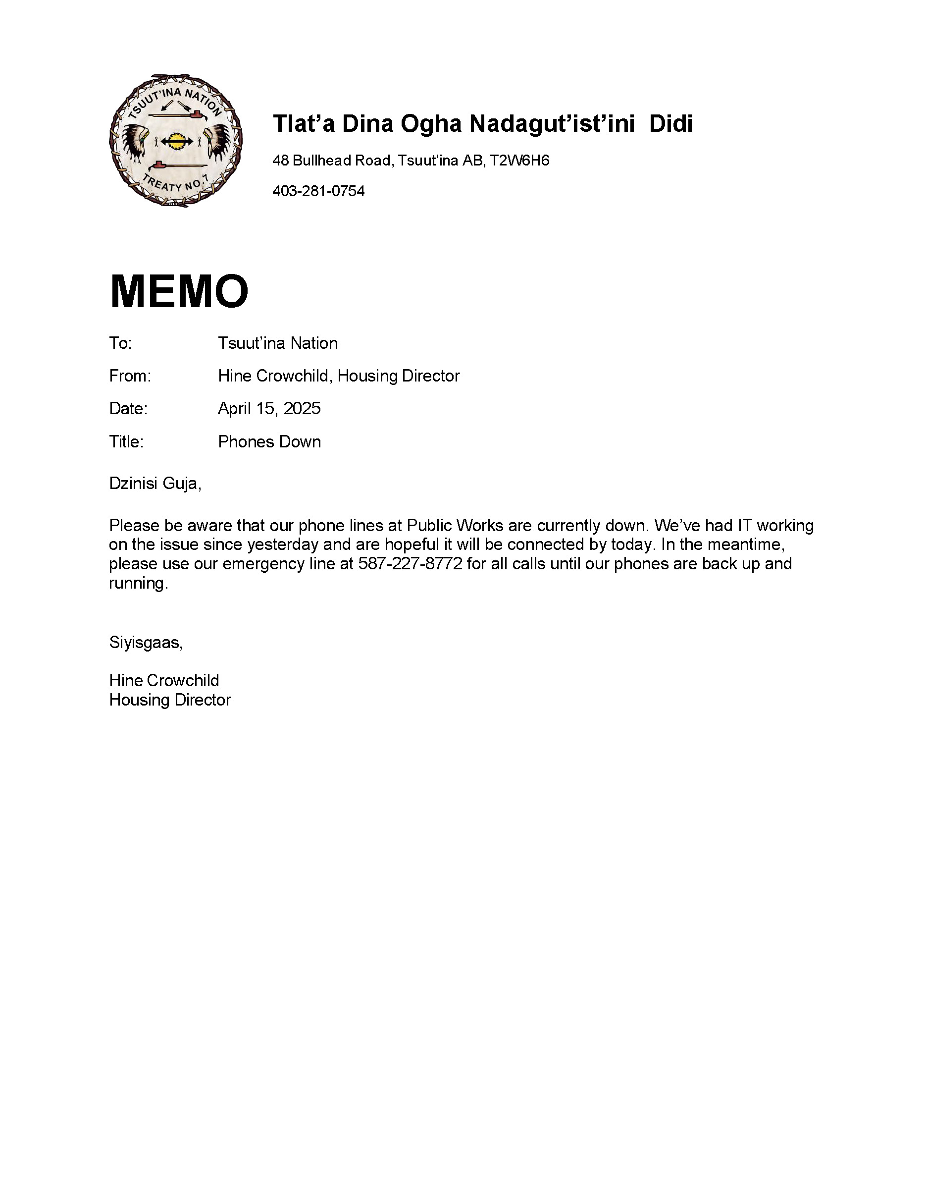 MEMO- PUBLIC WORKS | Tsuut’ina