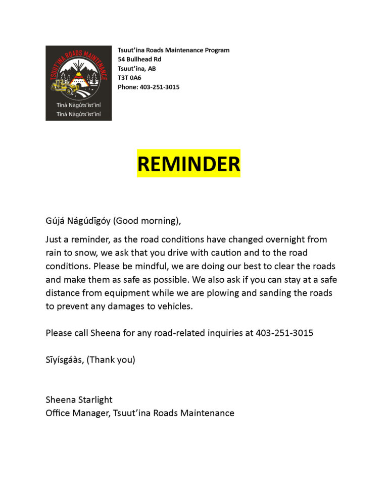Roads Maintenance Program Notice | Tsuut’ina
