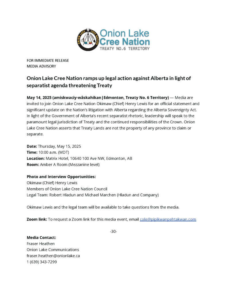 MEDIA ADVISORY - Onion Lake Cree Nation Update on Legal Action | Tsuut'ina