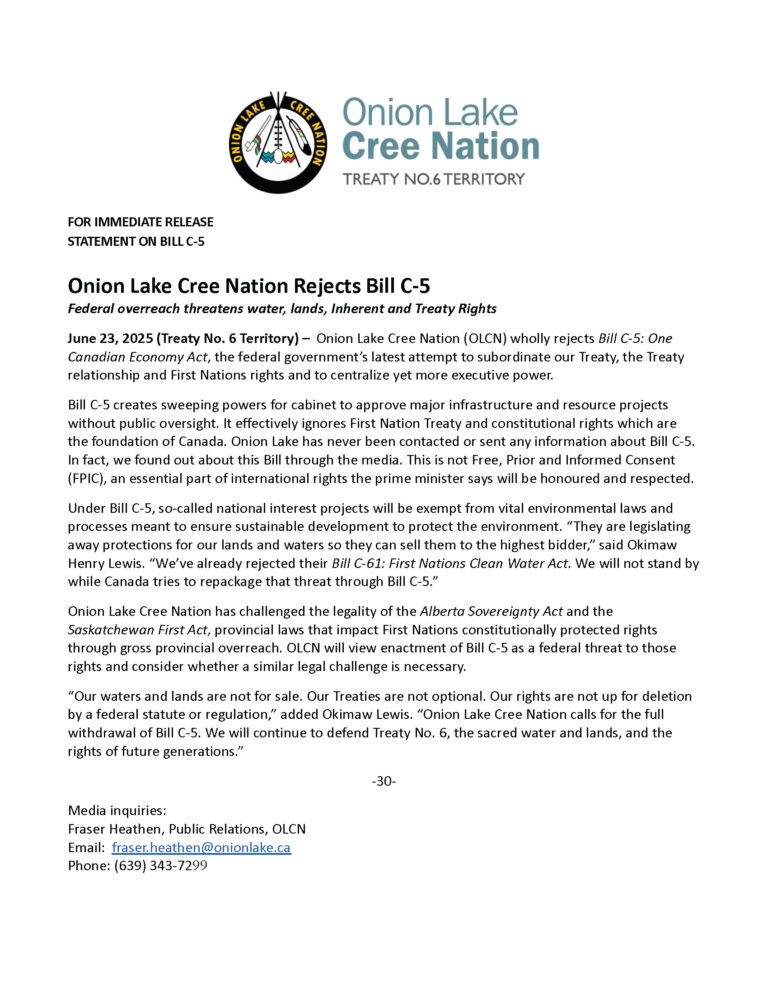 STATEMENT: Onion Lake Cree Nation Rejects Bill C-5 | Tsuut'ina