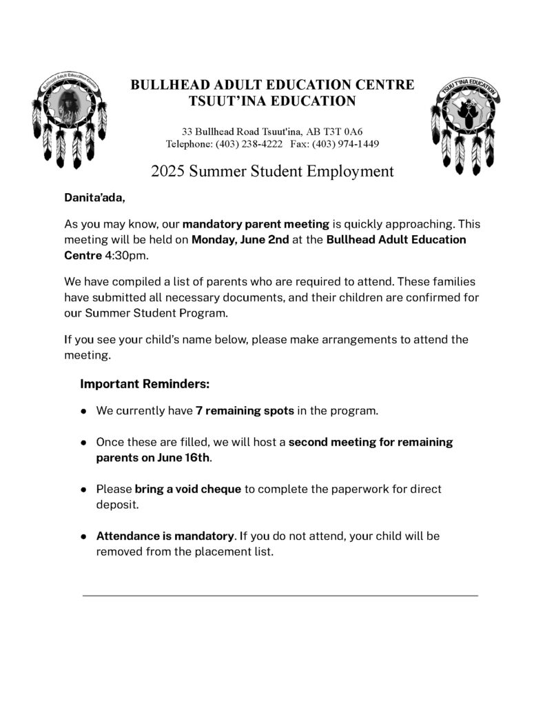 2025 Summer Student Employment Notice | Tsuut’ina