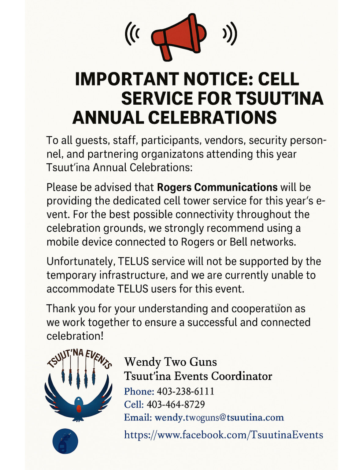 NOTICE - CELL SERVICE FOR TSUUT’INA ANNUAL CELEBRATIONS | Tsuut'ina