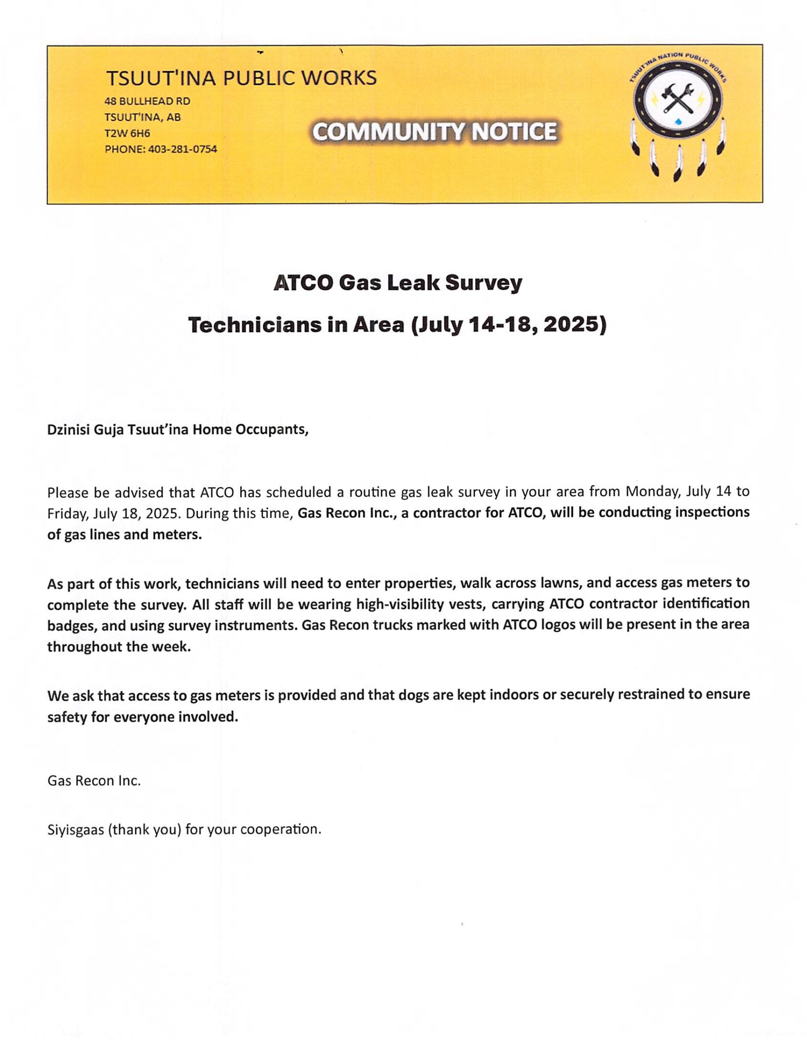 ATCO Gas Leak Survey Notice | Tsuut’ina