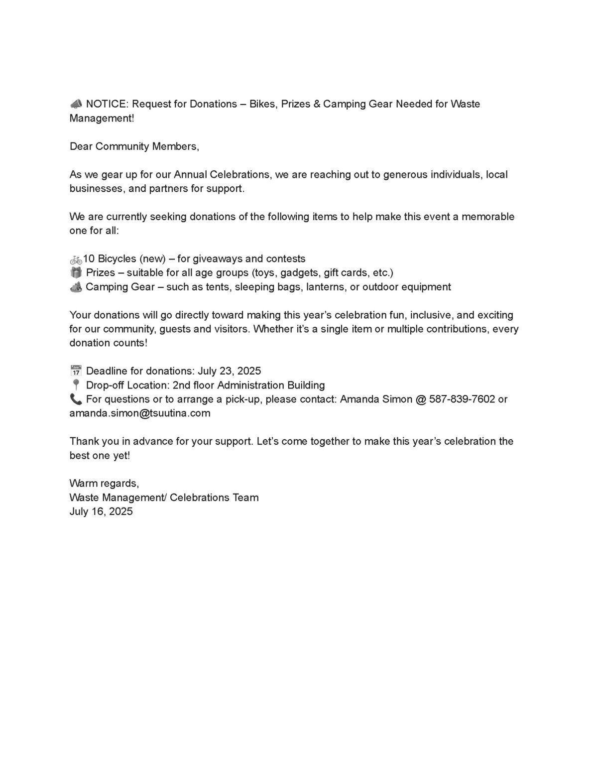 Request for Donations | Tsuut’ina