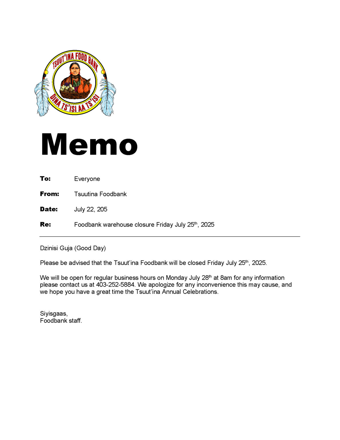 Memo - Foodbank Warehouse Closure | Tsuut'ina