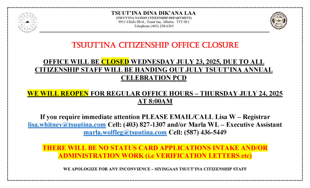 Citizenship Office Closure Notice | Tsuut’ina