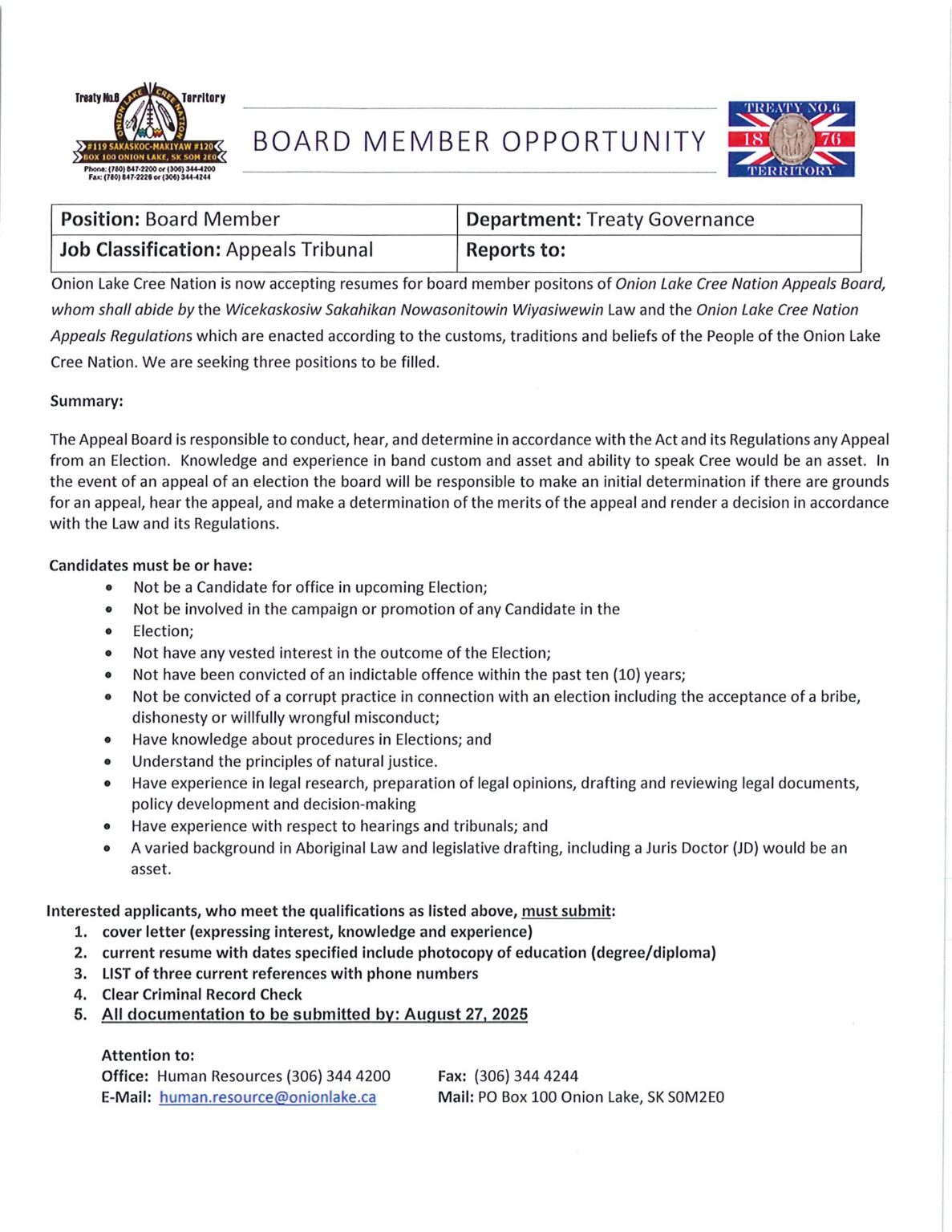 Board Member Opportunity - Onion Lake Cree Nation | Tsuut’ina