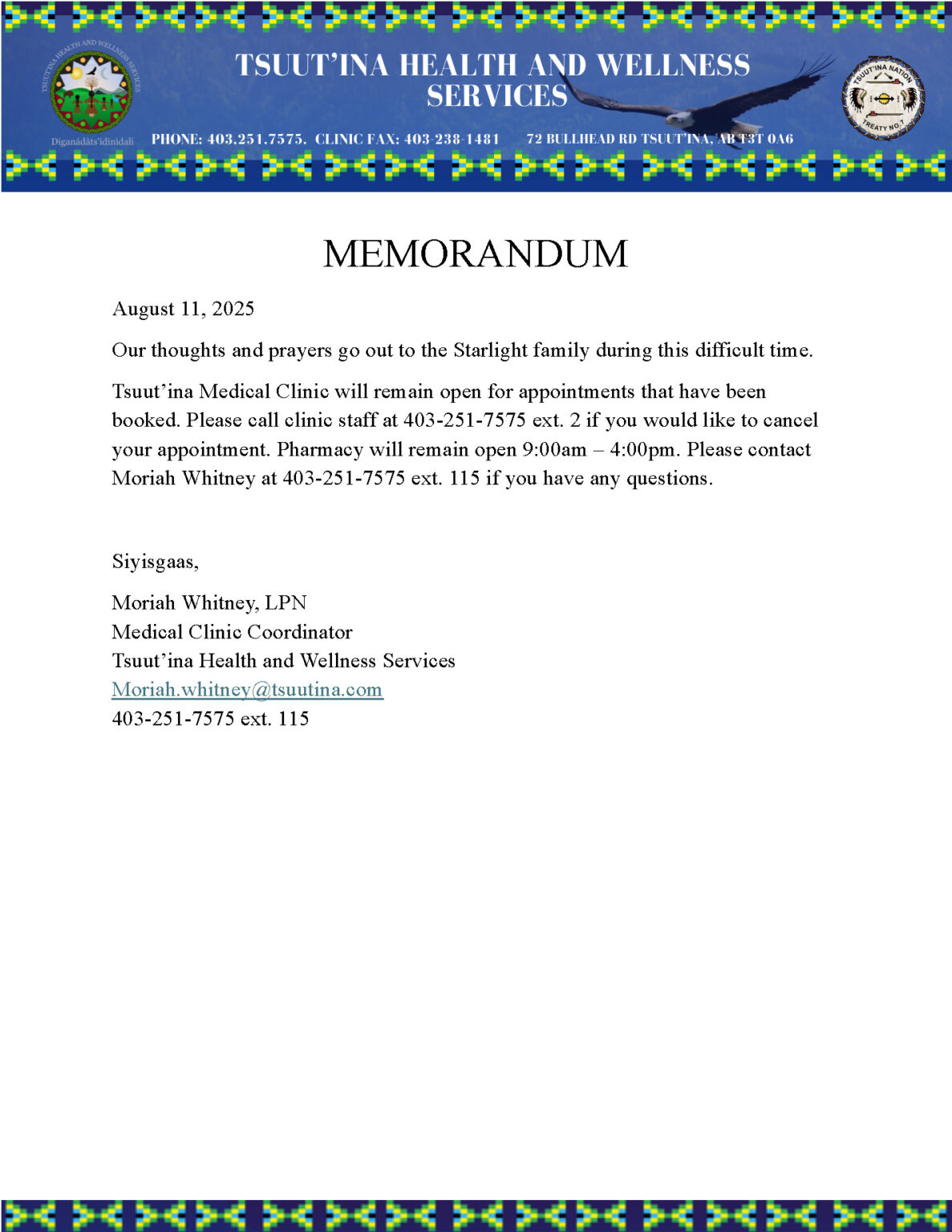 Memo - Tsuut’ina Medical Clinic | Tsuut'ina