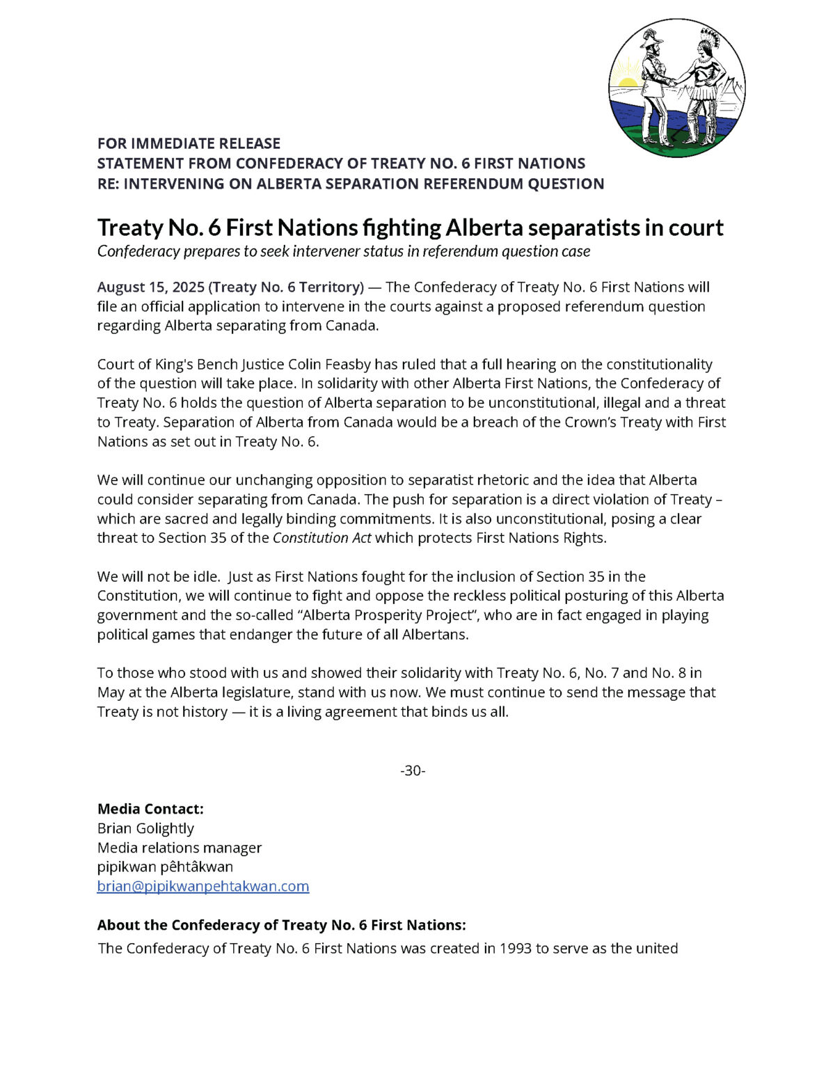 Statement from the Confederacy of Treaty No. 6 First Nations | Tsuut’ina