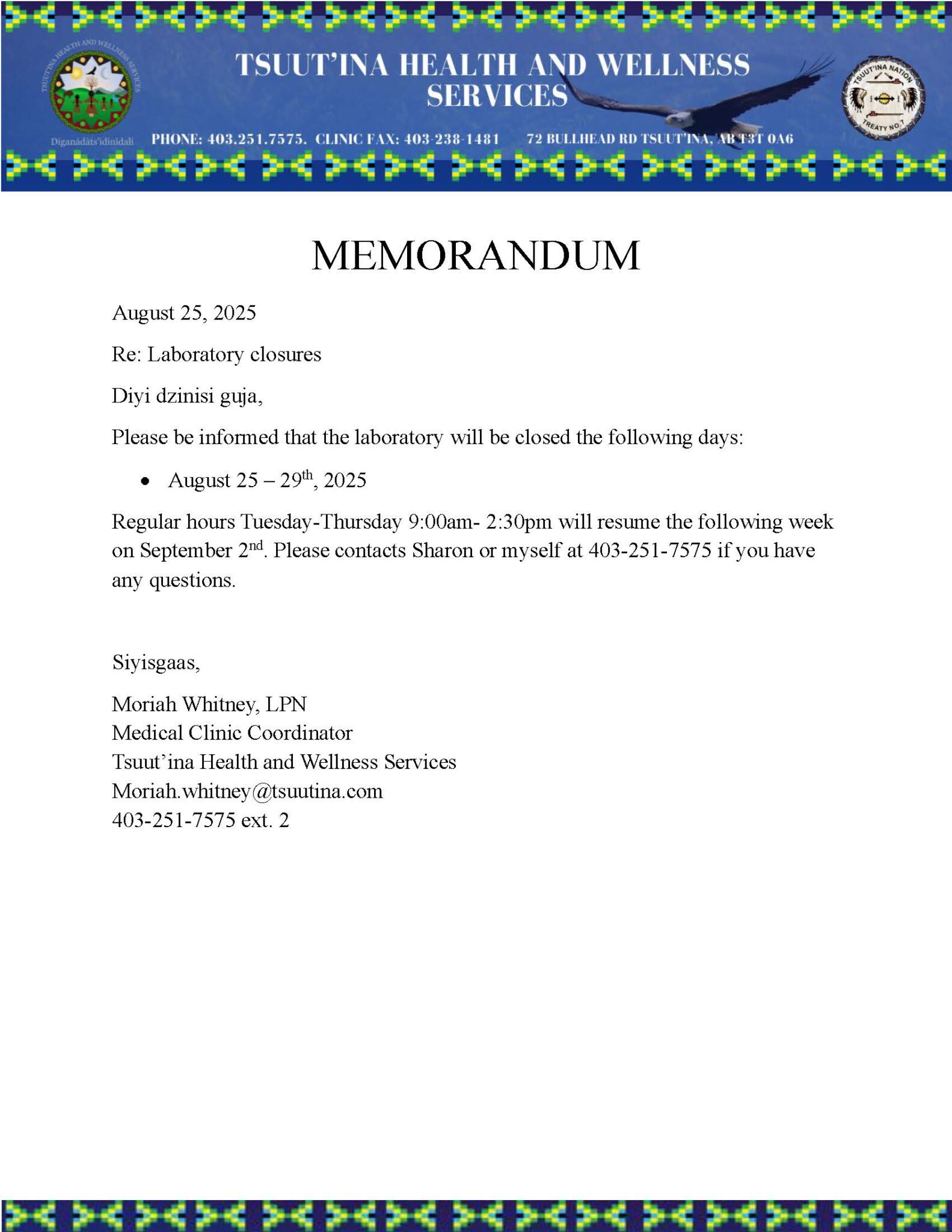 Laboratory Closures Notice | Tsuut’ina