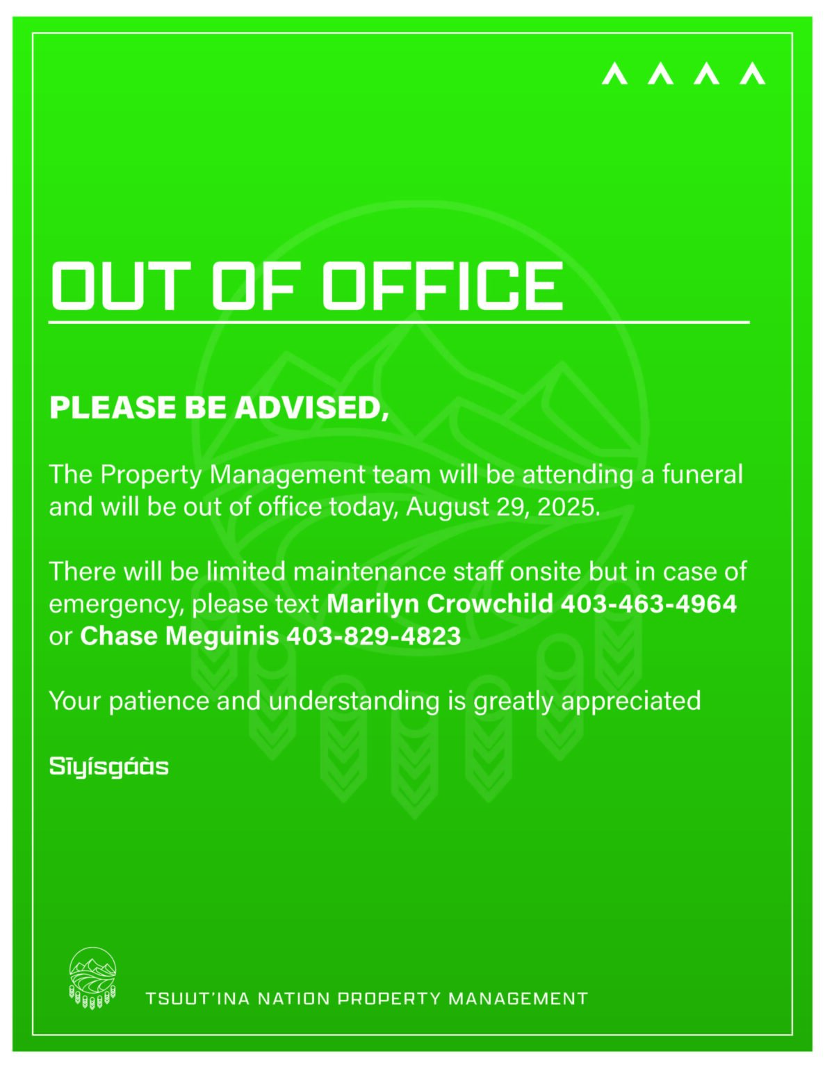 Property Management - Out Of Office Notice | Tsuut’ina