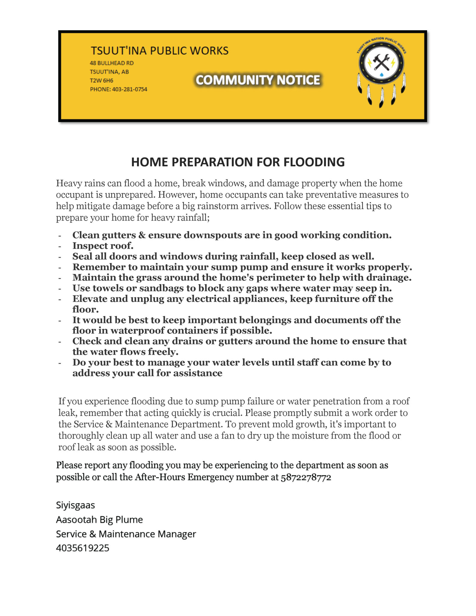 Rainfall Preparation Notice | Tsuut’ina