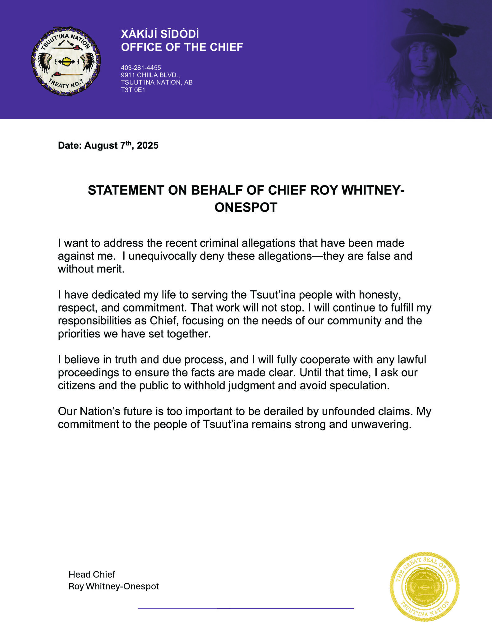Statement From Head Chief | Tsuut’ina