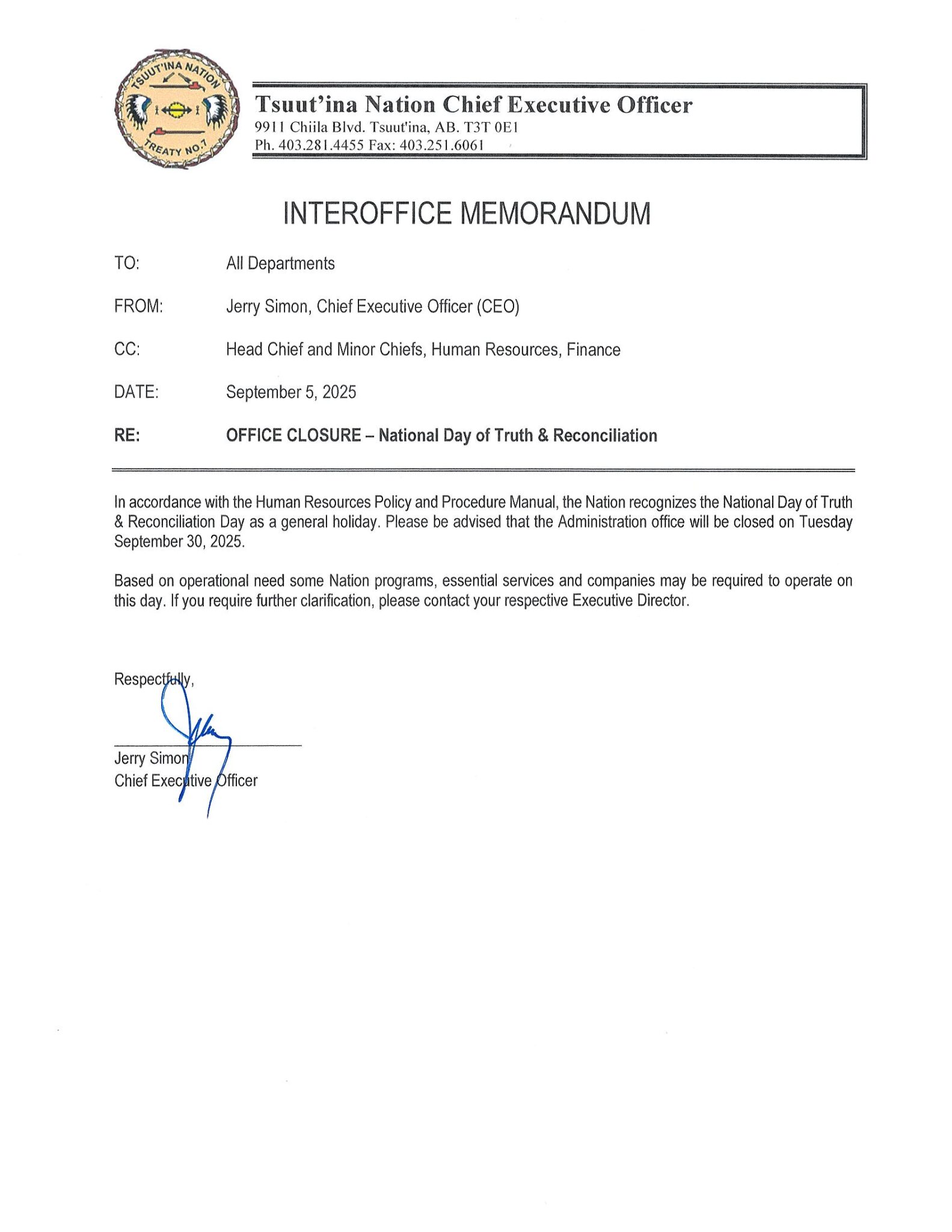 Memo - Office Closure for National Day Truth & Reconciliation | Tsuut’ina