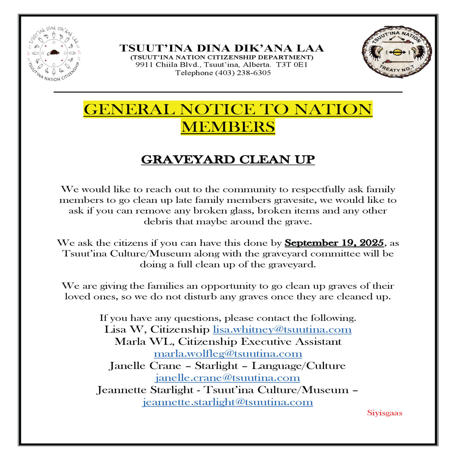Community Notice - Graveyard Clean Up | Tsuut’ina