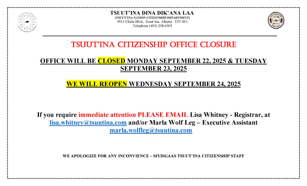 Citizenship Office Closure Notice | Tsuut’ina
