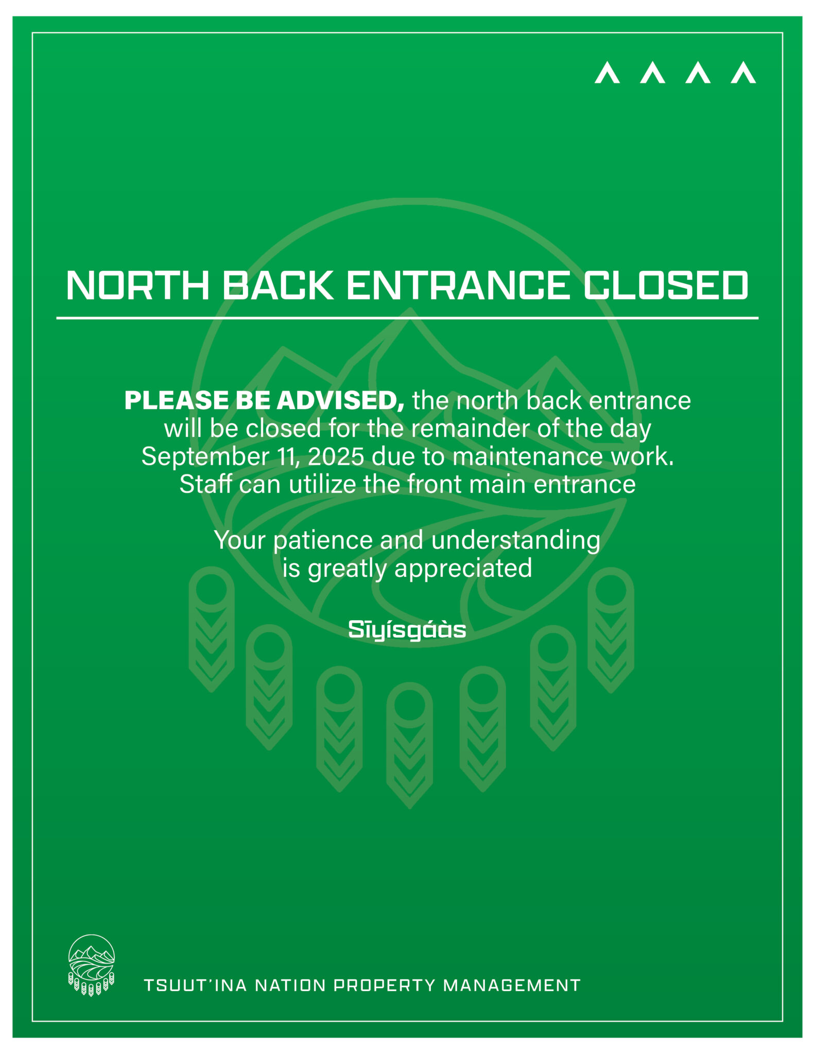 Property Management Notice - North Back Entrance Closed | Tsuut’ina
