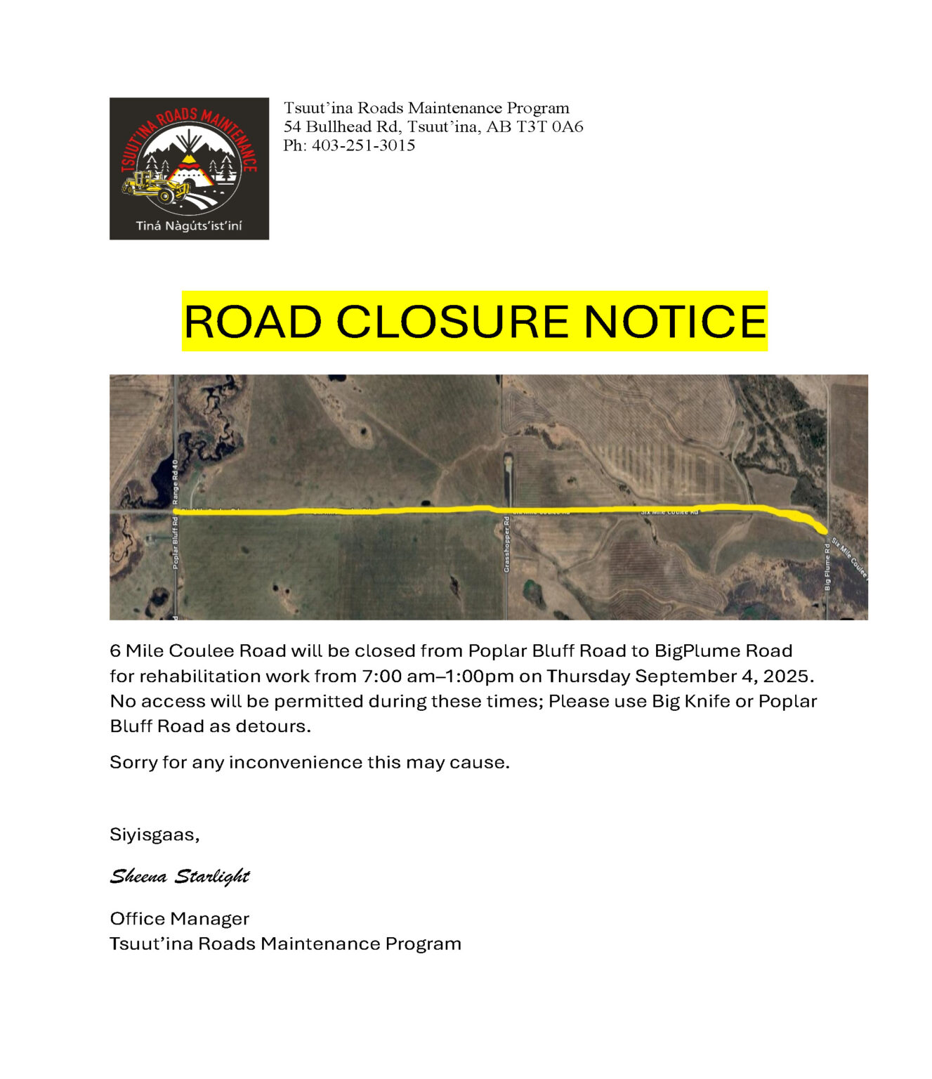 Road Closure on 6 Mile Coulee Road | Tsuut'ina