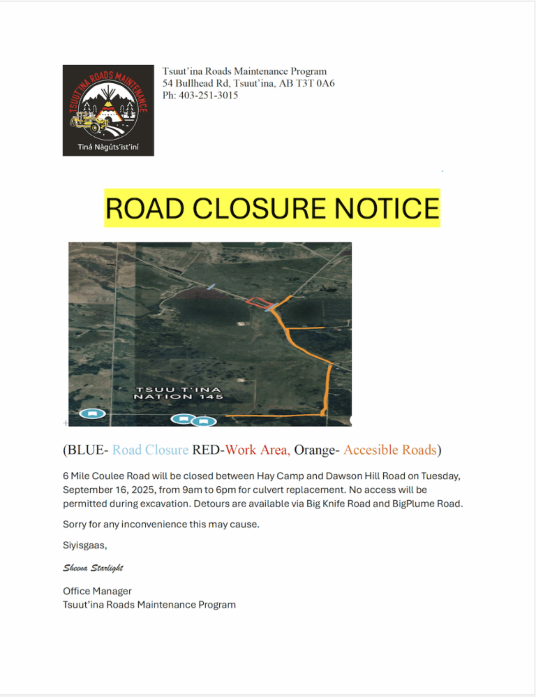 Notice - Road Closure For September 16, 2025 | Tsuut’ina