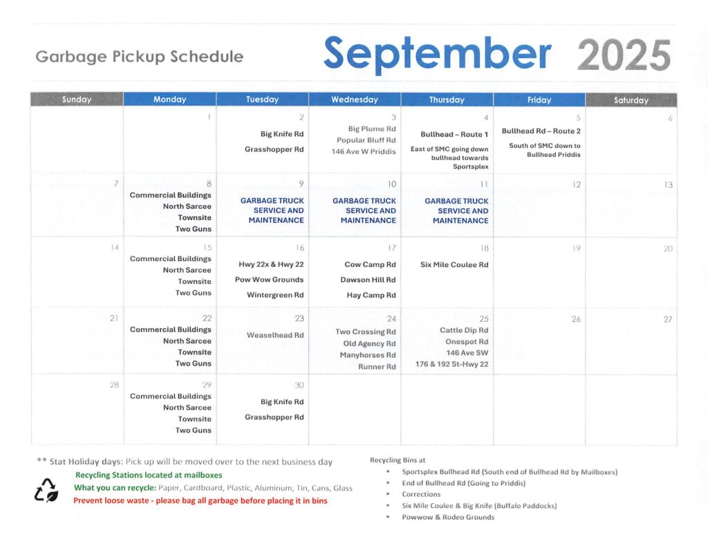 September Garbage Schedule | Tsuut’ina