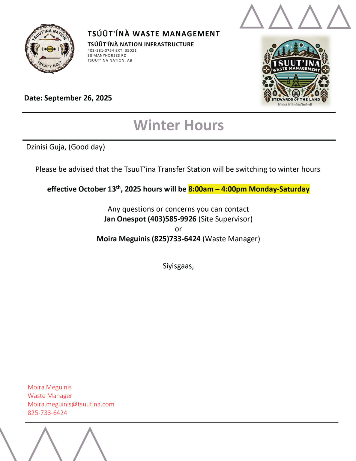 Tsuut’ina Waste Management - Winter Hours Notice | Tsuut'ina