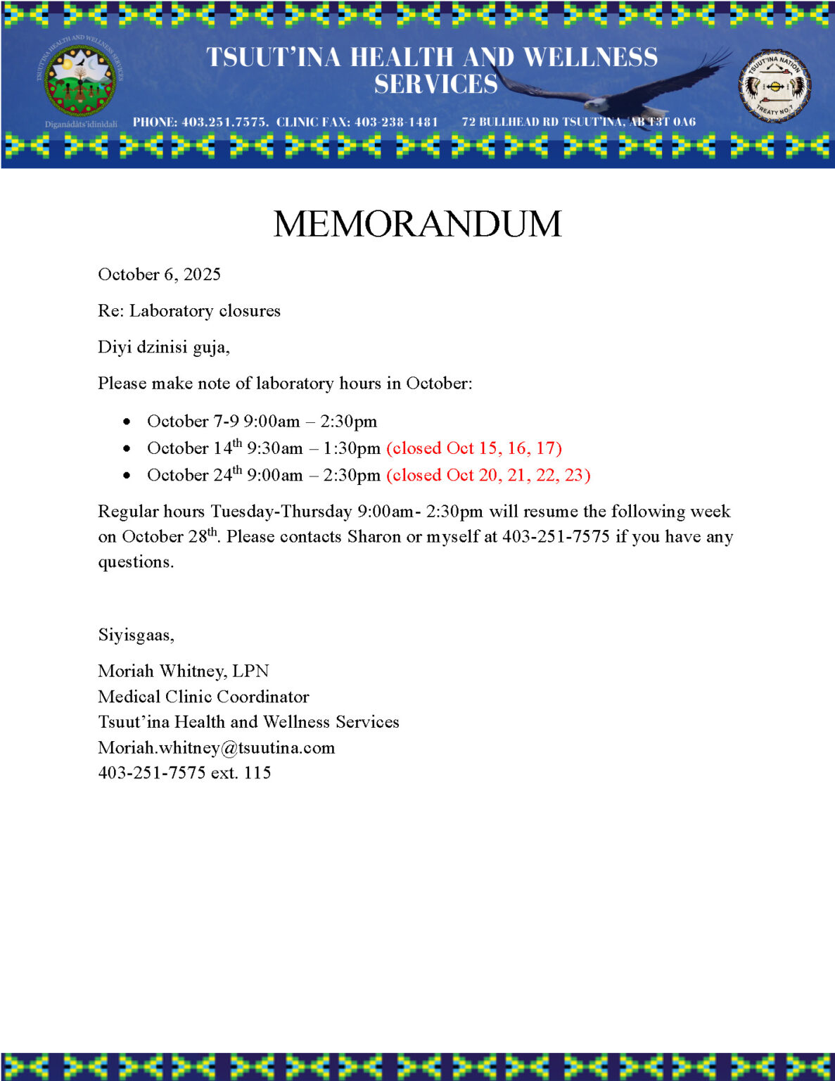 October Laboratory Hours | Tsuut'ina