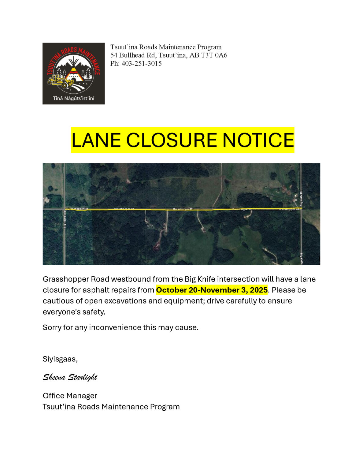 Lane Closure On Grasshopper Road Notice | Tsuut’ina