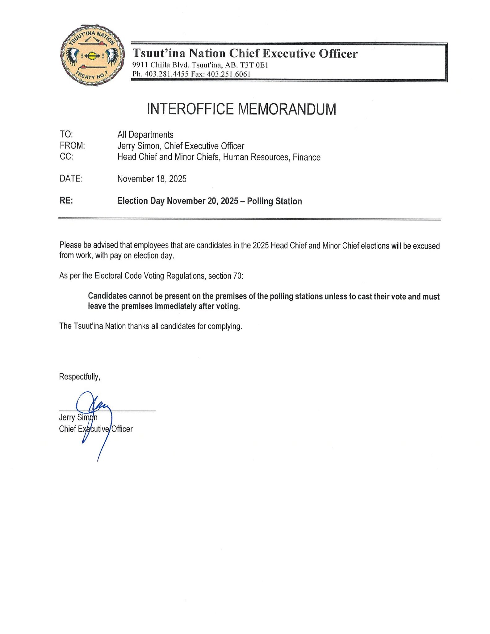 MEMO - Election Day - Polling Station | Tsuut’ina