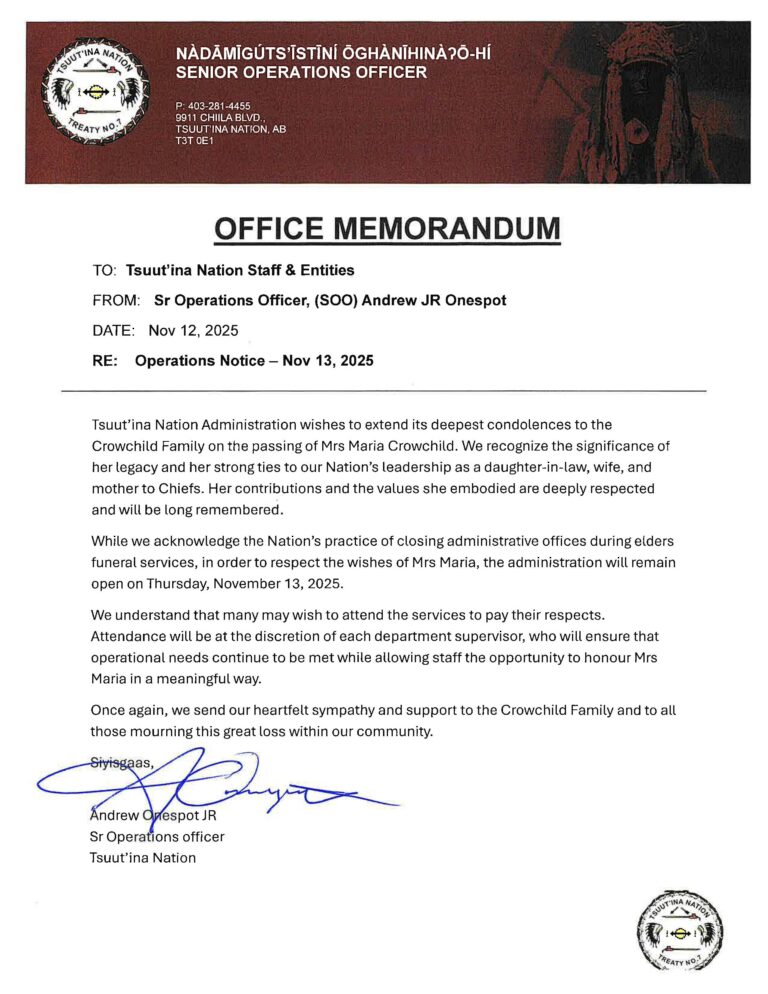 Operations Notice - November 13, 2025 | Tsuut’ina