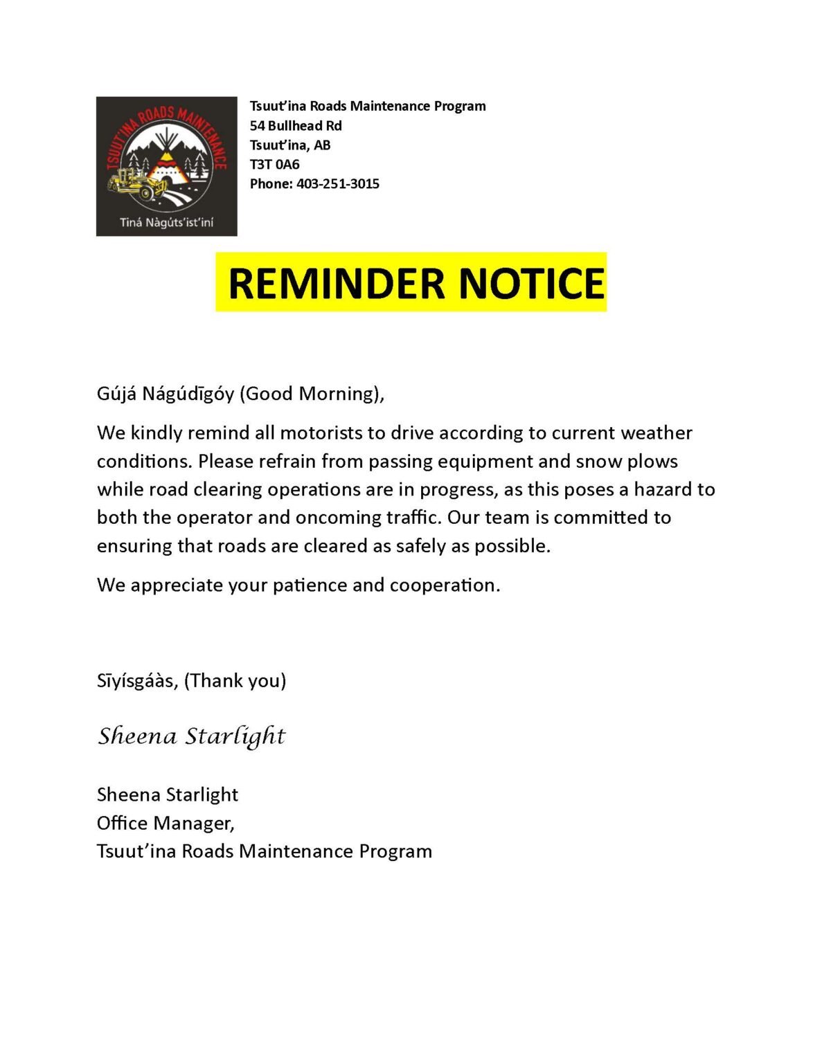 Roads - Reminder Notice | Tsuut’ina