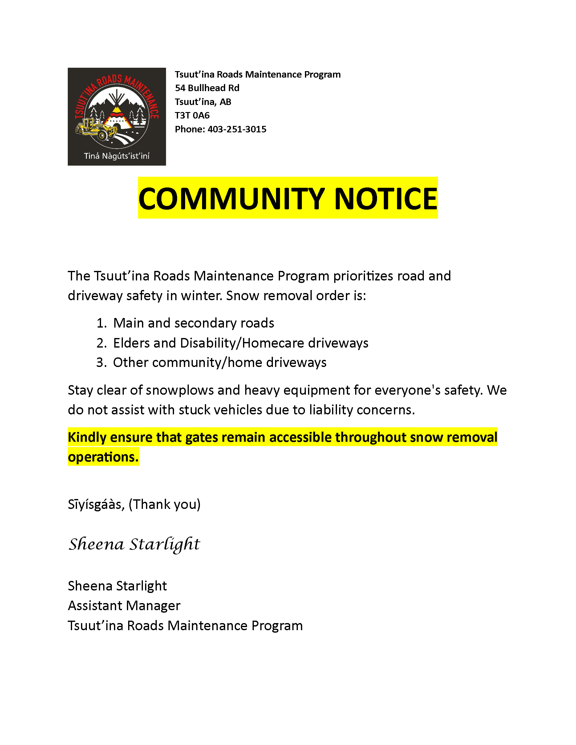NOTICE - Snow Removal Process | Tsuut’ina