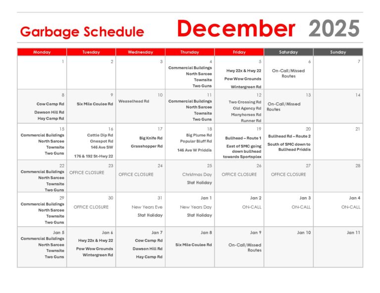 December 2025 Garbage Schedule | Tsuut’ina