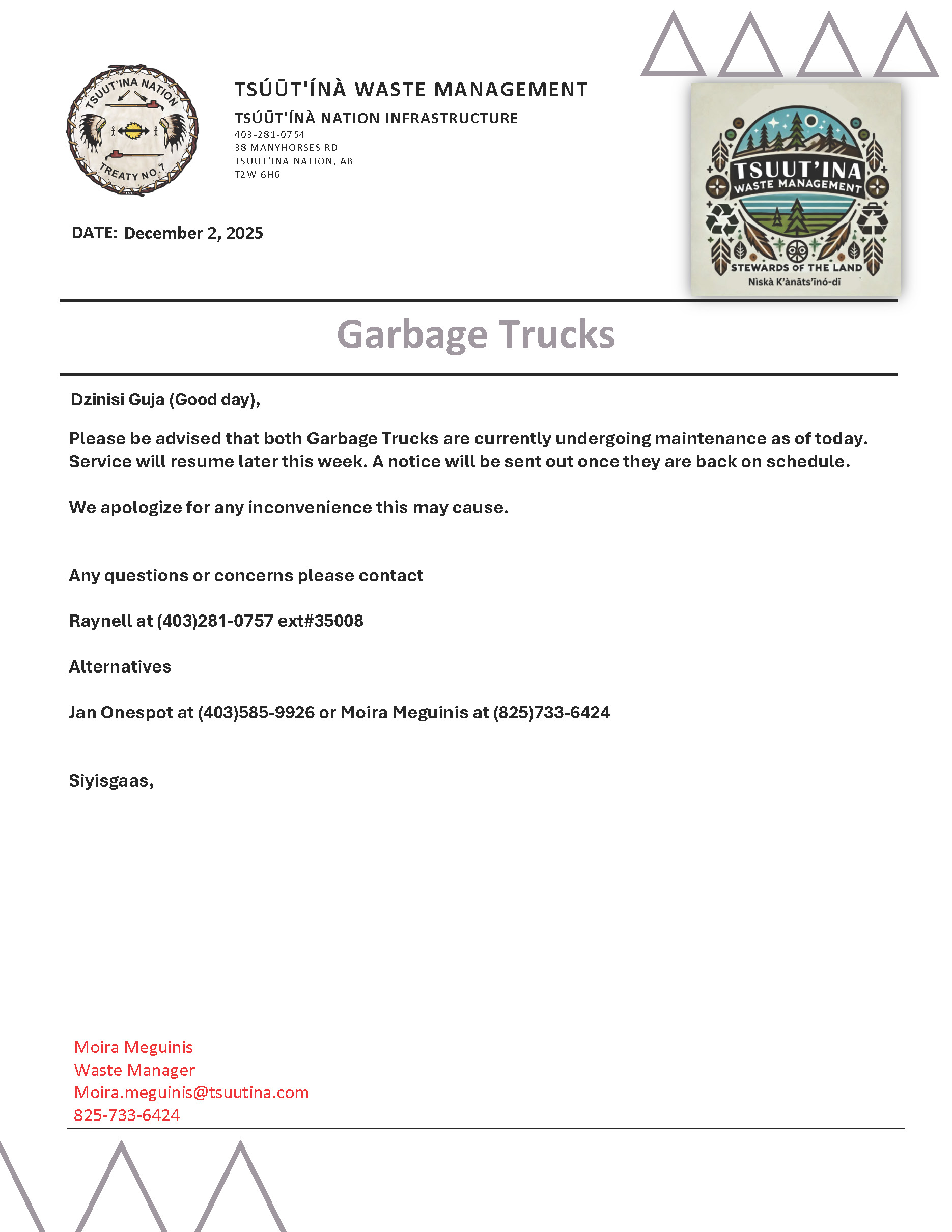 NOTICE - Waste Management | Tsuut’ina