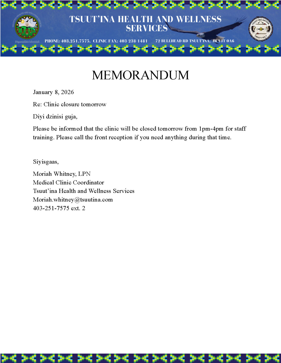 MEMO - Clinic Closure | Tsuut’ina