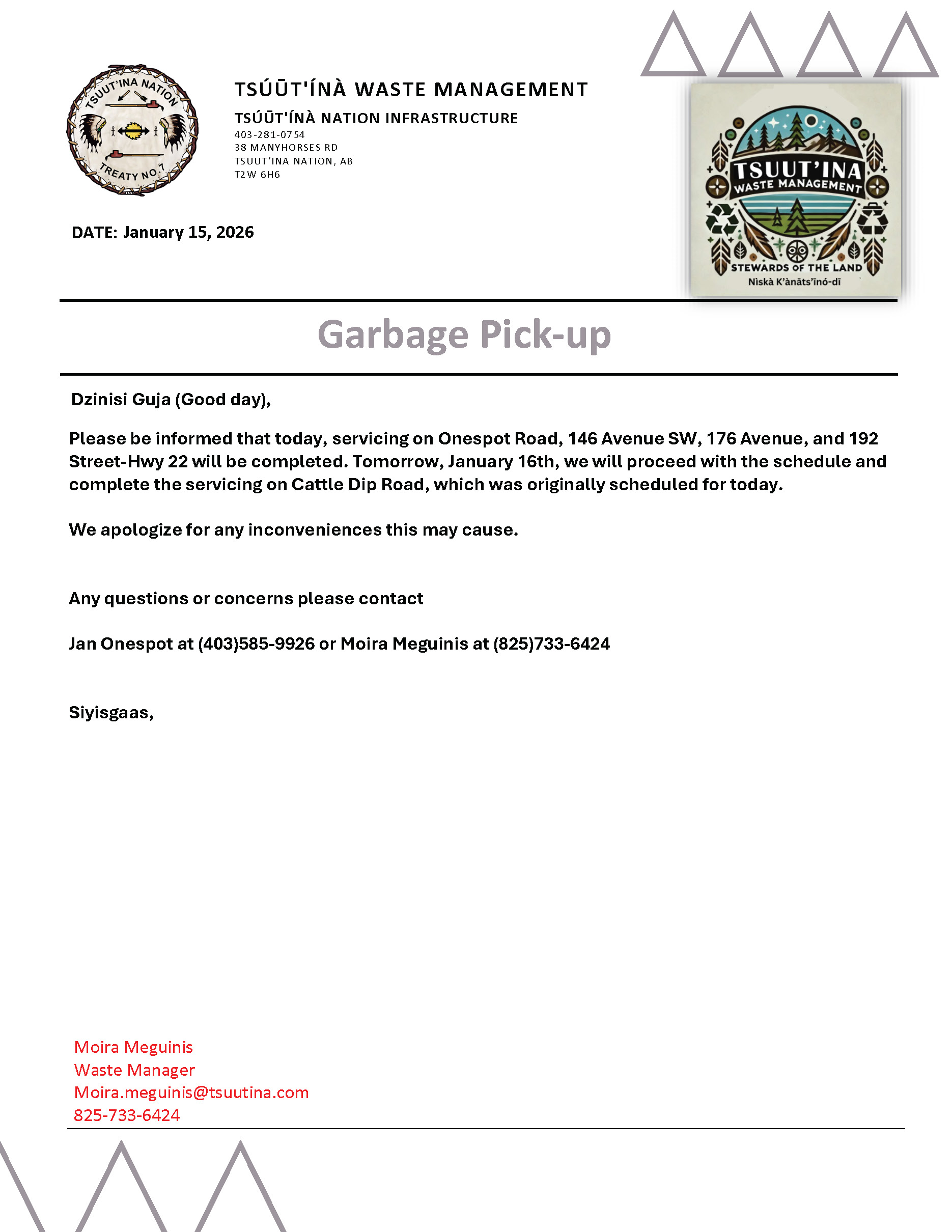 NOTICE - Garbage Pick-up | Tsuut’ina