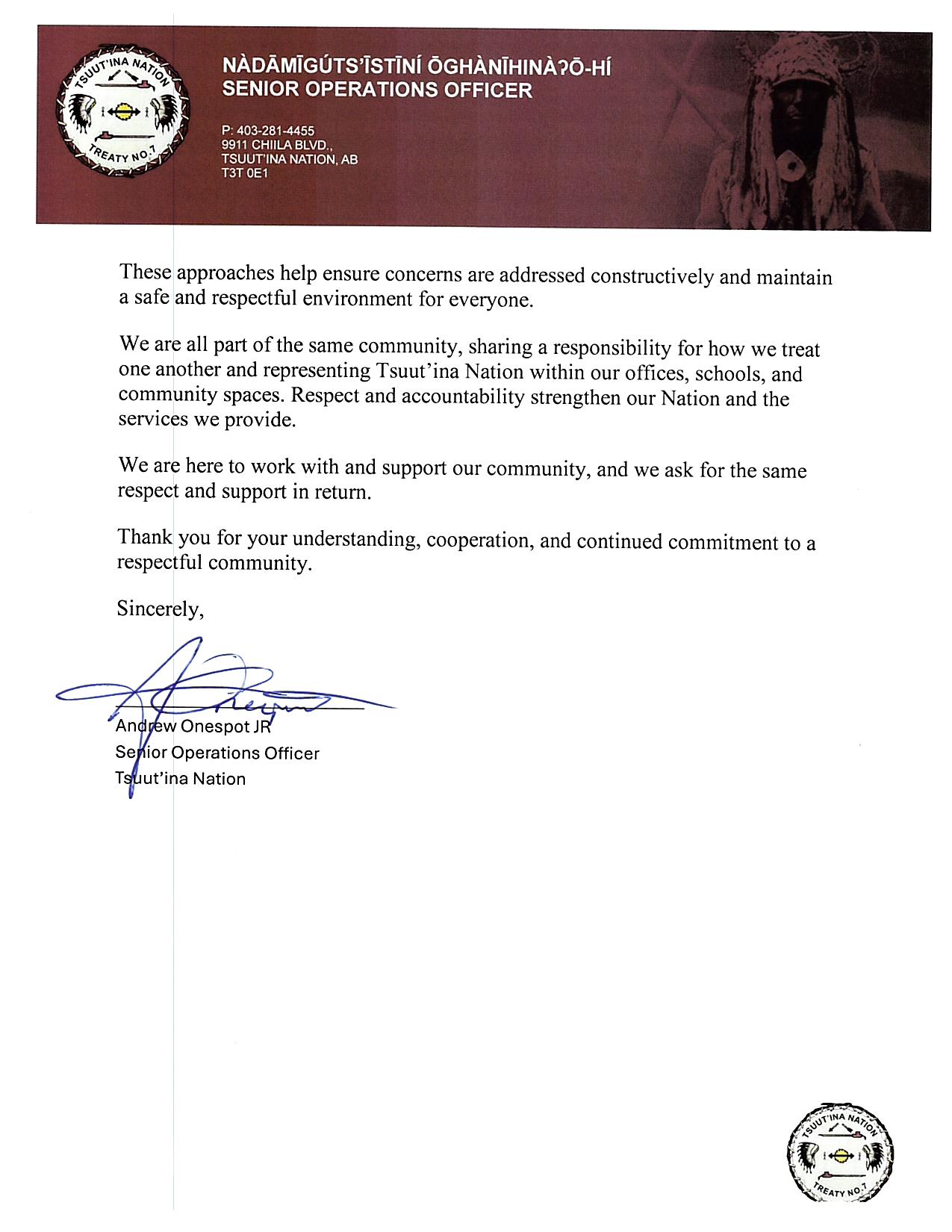 MEMO - Community Conduct | Tsuut’ina